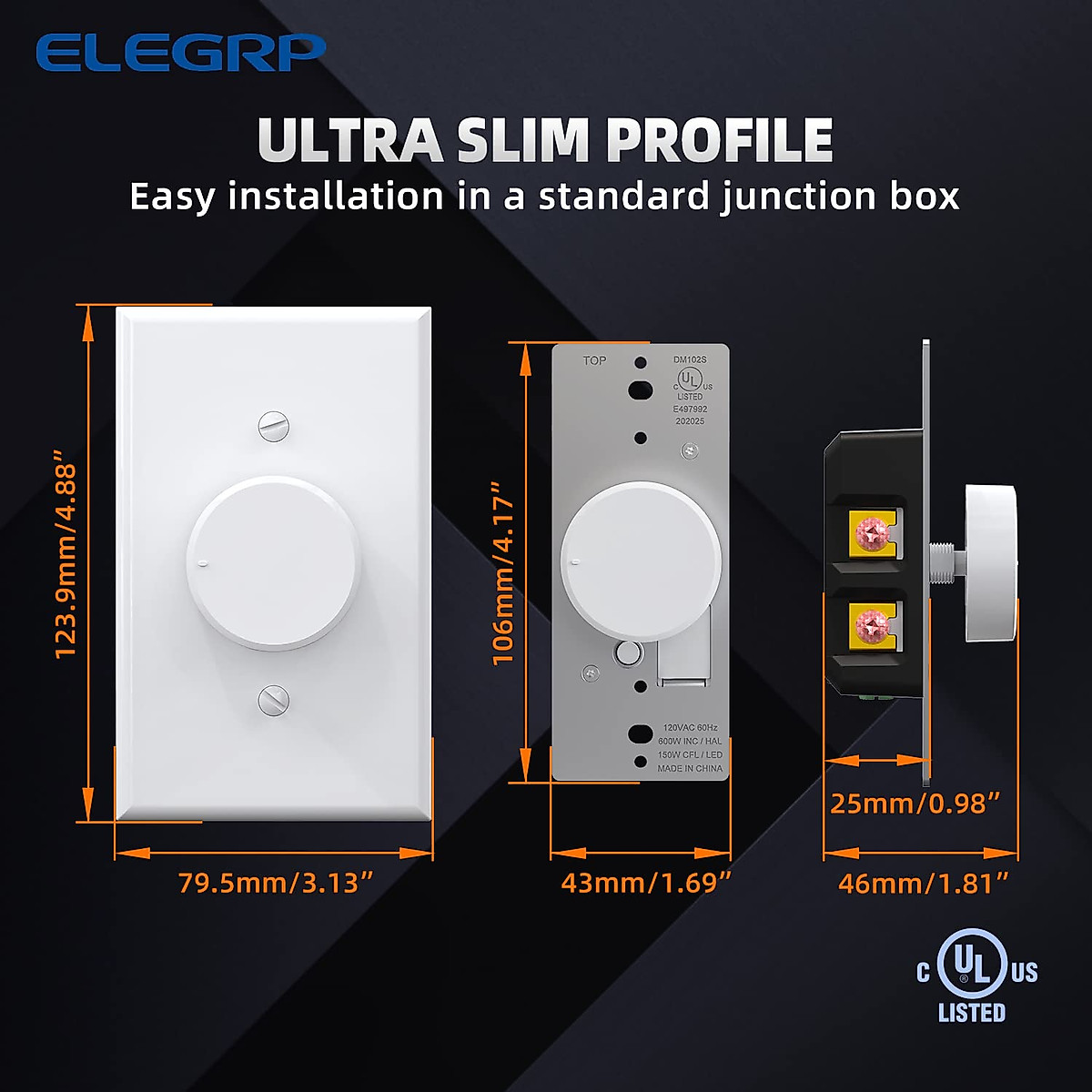 ELEGRP Digital Rotating Dimmer Switch for Dimmable LED, CFL and Incandescent Light Lamp Bulbs, Single Pole / 3-Way Rotary Dimmer Switch, Wall Plate Included, UL Listed (1 Pack, Matte White)