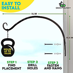Gray Bunny Outdoor Plant Hanger Hook, 14” Large Modern Sleek Heavy Duty Iron Wall Hooks for Bird Feeders, Lanterns, Wind Chimes, Patio Decor - Black