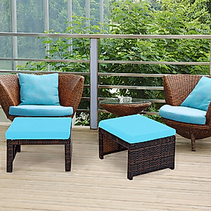 Tangkula 2 Pieces Patio Rattan Ottomans, All Weather Outdoor Footstool Footrest Seat with Soft Cushion, Hidden Zipper, High-Density Sponge, Wicker Ottoman Seat for Patio, Garden, Poolside (Turquoise)