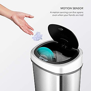 NINESTARS DZT-42-9 Automatic Touchless Infrared Motion Sensor Trash Can, 11 Gal 42L, Stainless Steel Base (Oval, Silver/Black Lid)