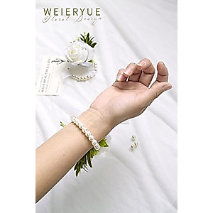 WEIERYUE White Rose Wrist Flowers and Men's Corsage Wedding Flowers Ceremony,2Pcs Boutonniere Buttonholes and Wrist Corsage Wristband Roses Wrist Corsage(White Rose Set)