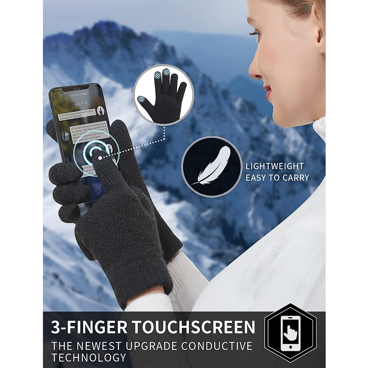 REACH STAR Winter gloves for women, 3-Finger Touch screen Dual-Layer Cashmere Elastic Thermal knit Lining, Warm Gloves for Cold weather,Running,Driving(Black)