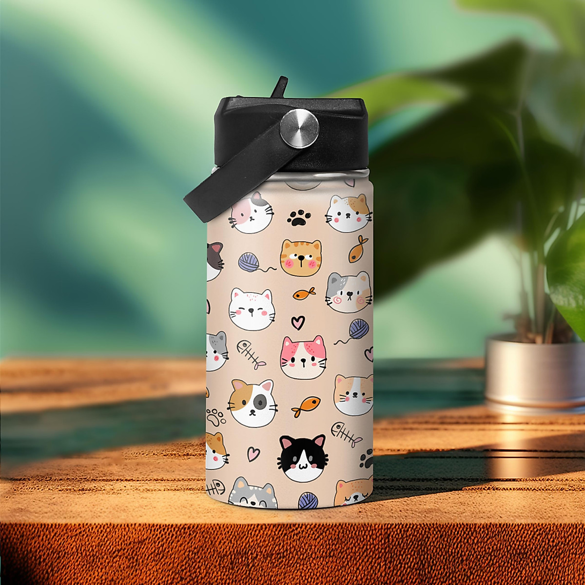 Kids Water Bottle Cat Water Bottles 12oz with Straw Insulated Stainless Steel Travel School Tumbler Double Wall Vacuum Cup for Girls Kid Boys