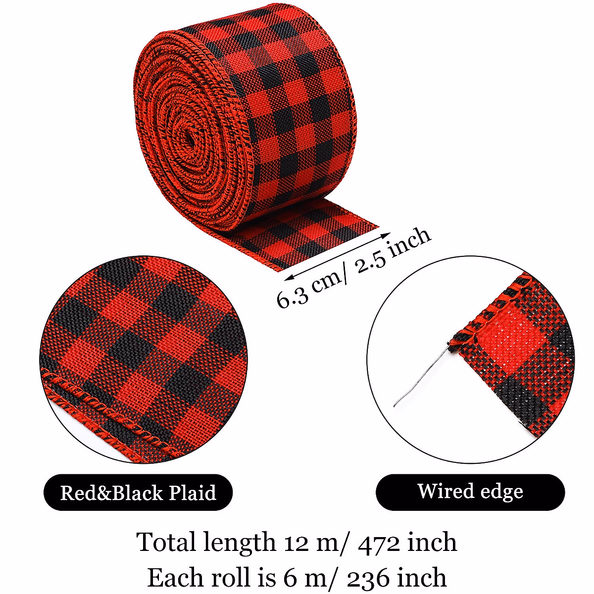 2 Rolls Wired Edge Ribbons Buffalo Plaid Burlap Ribbon Farmhouse DIY Gift Wrapping Crafts for Christmas Bow Wreath Tree Decoration (Red Black Plaid, 2.5 Inch Wide, 39.3 Feet)