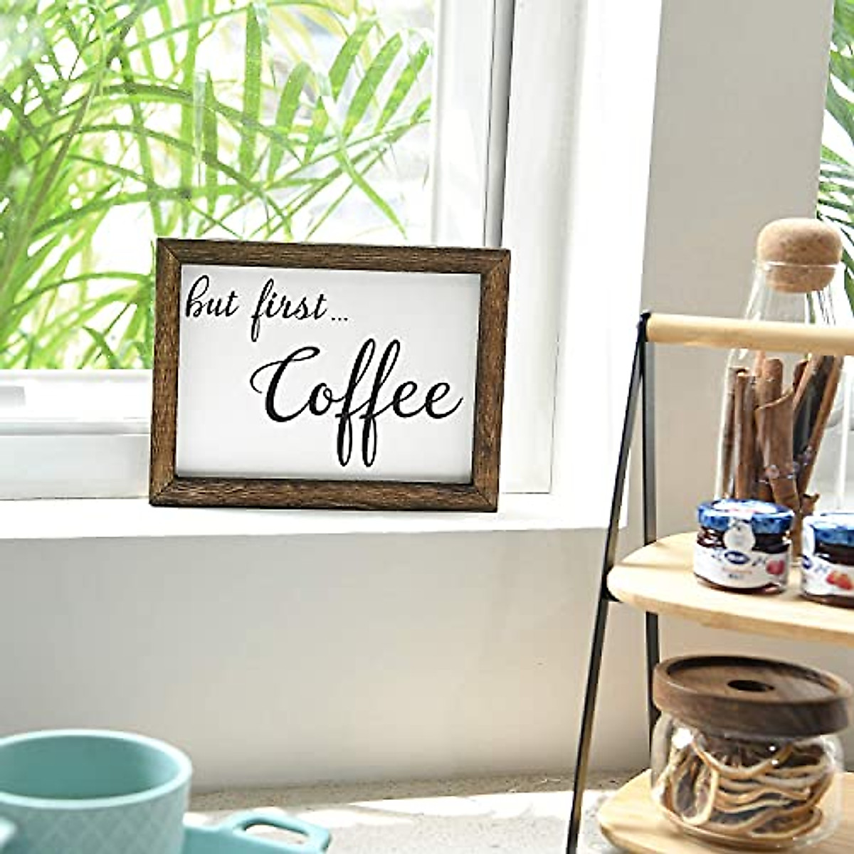 Mkono 1 Pcs Coffee Signs Decor Farmhouse Coffee Table Decor 2 Sides with Different Sayings Rustic Wood Coffee Sign, Office Home Bar Wall Table Decor