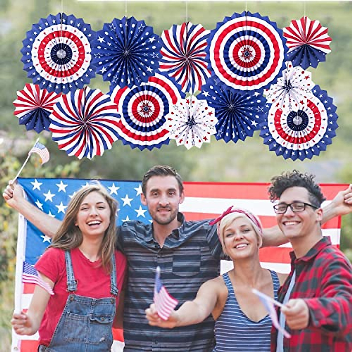 4th of July Patriotic Decorations Red White Blue Hanging Paper Fans for American Fourth of July Memorial Day Independence Day Veterans Day Party Decor Supplies Set of 12