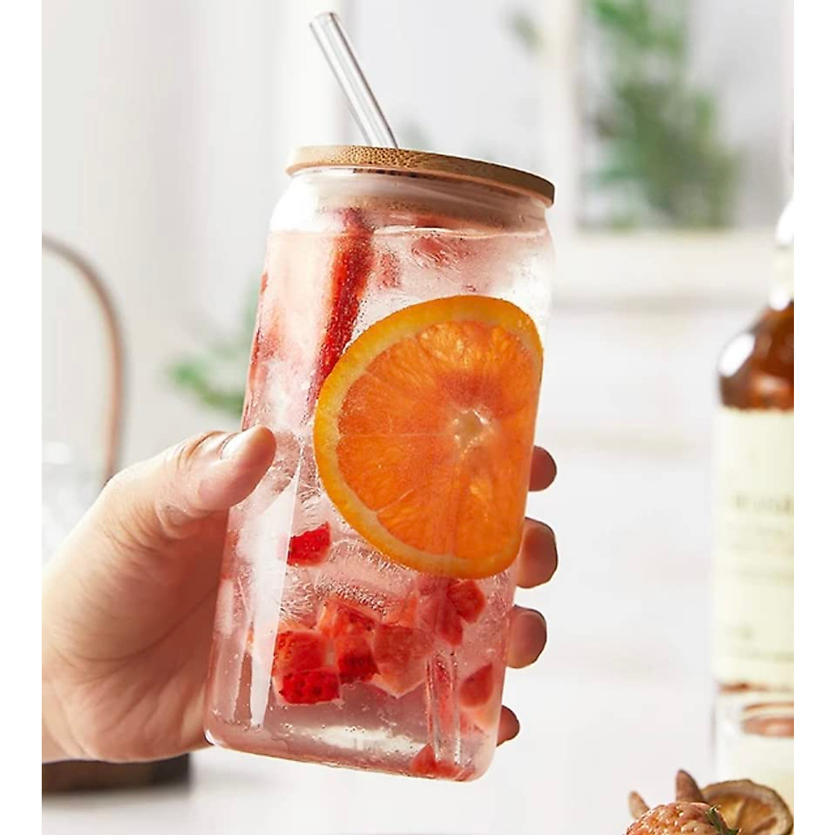 Drinking Glasses with Bamboo Lids and Glass Straw 4pcs Set - 16oz Can Shaped Glass Cups, Beer Glasses, Iced Coffee Glasses, Ideal for Cocktail, Whiskey, Gift - 2 Cleaning Brushes