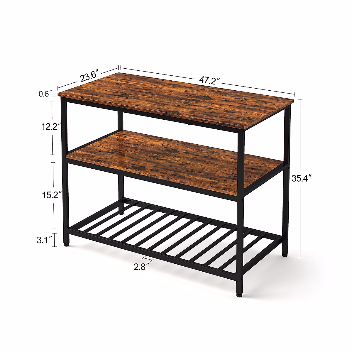 Lamerge Kitchen Island with 3 Shelves, Industrial Kitchen Counter, Kitchen Island with Metal Frame/MDF Top, 3 Tier Kitchen Shelf with Large Workstation for Home, Restaurant(Rustic Brown)