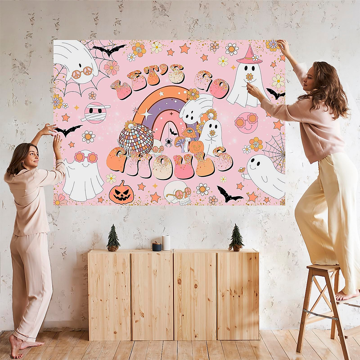Mocsicka Halloween Bachelorette Party Backdrop Let's Go Ghouls Bridal Shower Party Decorations Retro Groovy Hippie Ghost Boo Wedding Engagement Cake Table Banner (Pink, 8x6ft(96''x72''))
