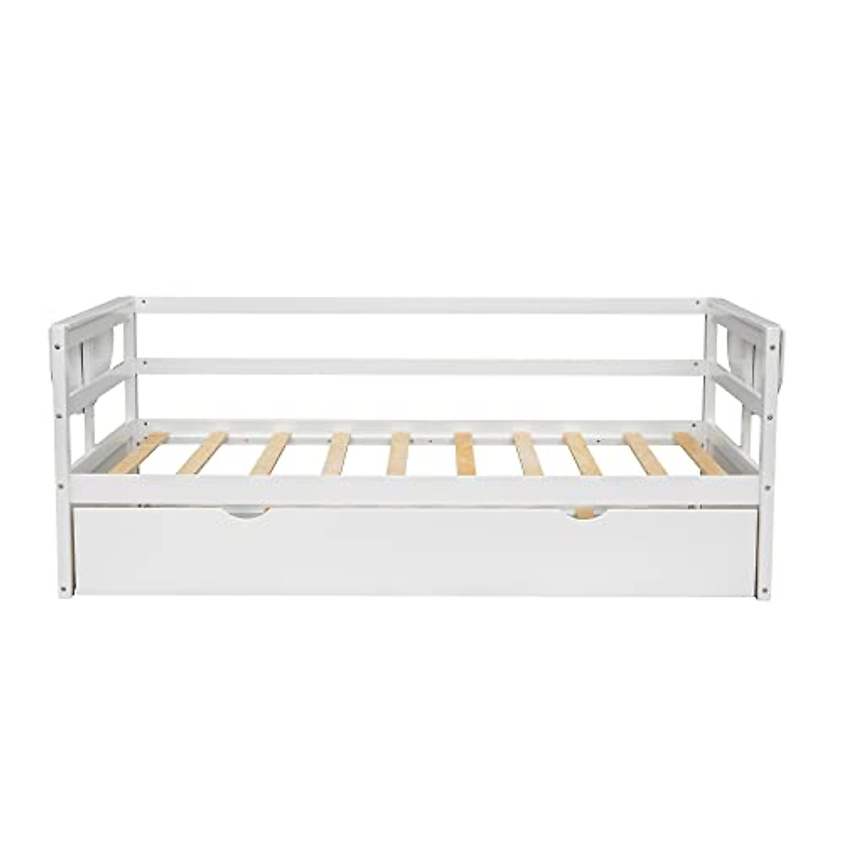 Polibi Twin Size Daybed with Trundle and Foldable Shelves on Both Sides, Wooden Sofa Bed with Wood Frame and Slats, No Spring Box Needed