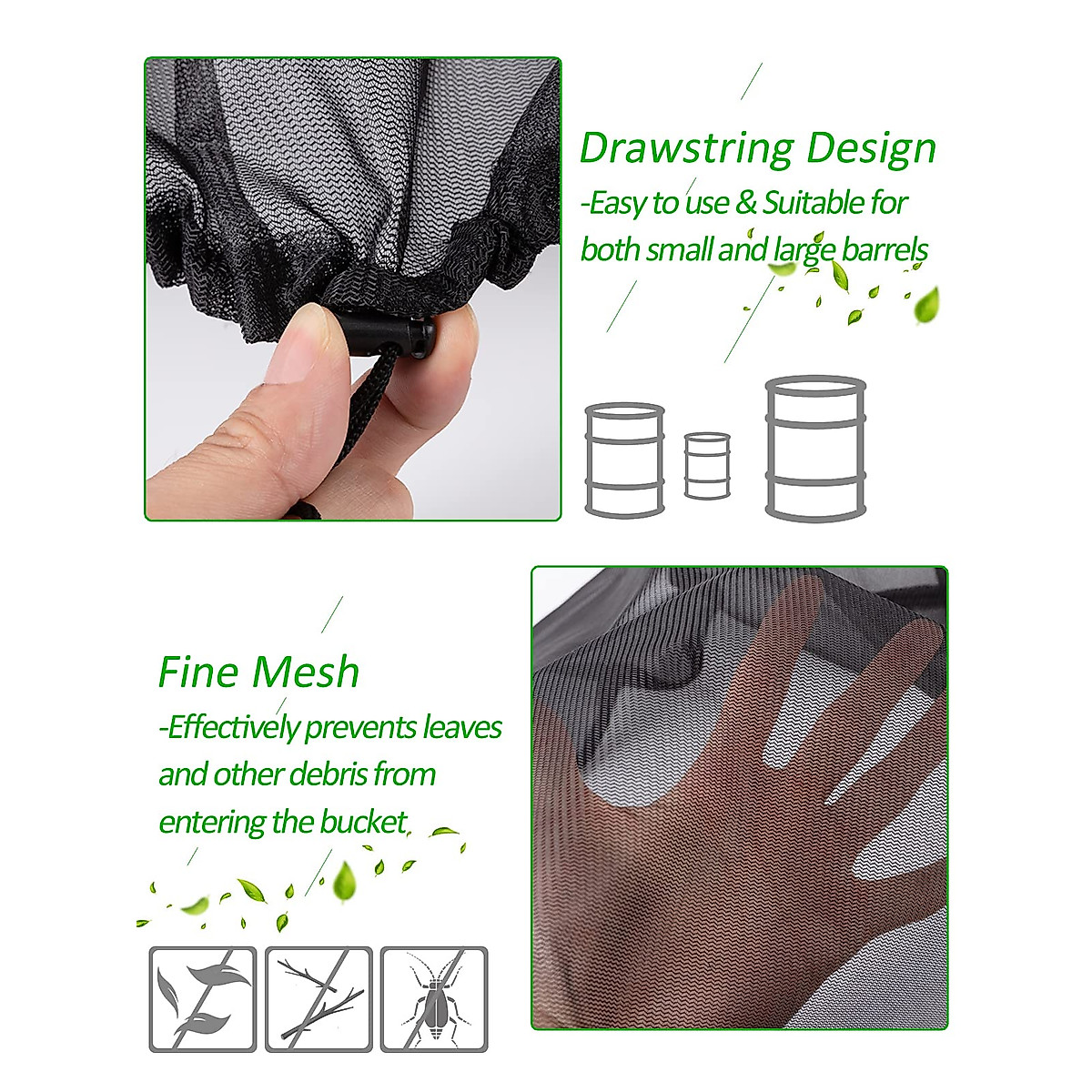 Mesh Cover for Rain Barrels - 2pcs 39in Rain Barrel Netting with Drawstring, Water Collection Buckets Tank Protector Screen for Preventing Fallen Leaves in Outdoor Garden Eaves