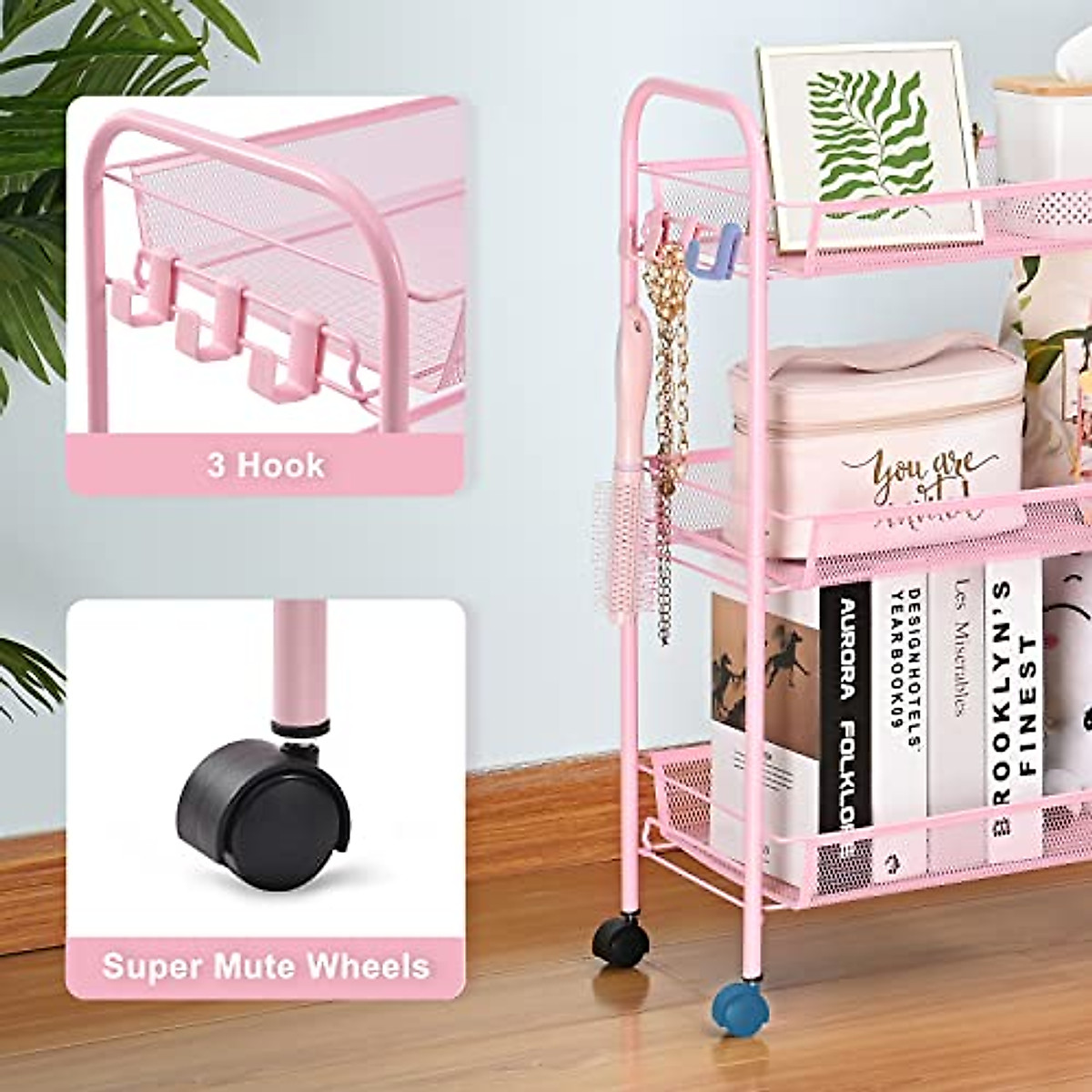 TOOLF 3-Tier Metal Rolling Cart, Mesh Wire Easy Assemble Utility Cart, Storage Trolley on Wheels with Hooks, Tiered Storage Shelving Organizer for Kitchen Bathroom Laundry Room