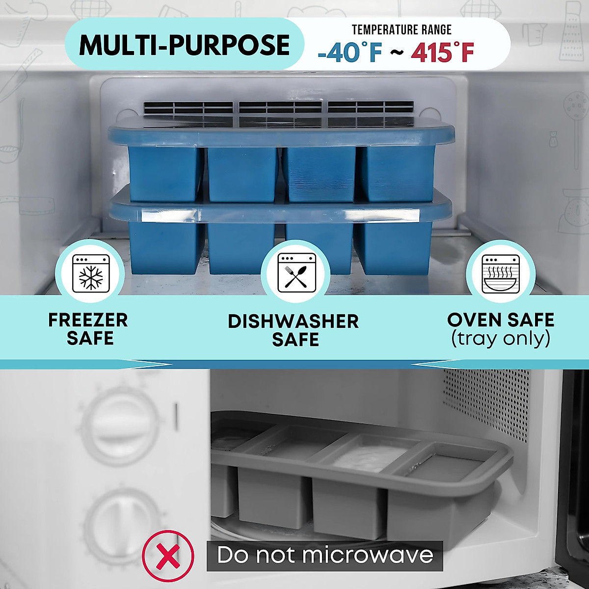 Sandunes 1 Cup Silicone Freezer Molds - Soup Cubes Perfect for Freezing Soup, Sauce, Rice, Leftovers and More - Silicone Freezer Trays with Lids for Meal Prep - Blue - 2-Pack