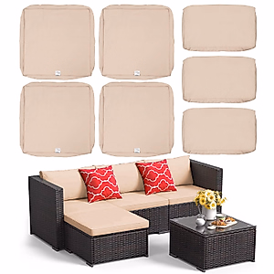 ClawsCover 7Pack Outdoor Seat and Back Cushions Replacement Covers Fit for 3/5 Pieces 4-Seater Wicker Rattan Patio Furniture Conversation Set Sectional Couch,Light Khaki-Small (Include Cover Only)
