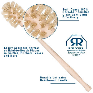 REDECKER Bottle Brush Cleaner - Horsehair and Beechwood Handle for Vases, Pitchers, Mugs, and Baby Bottles, 13-3/4 Inch, Dense Natural Bristles - Wooden Bottle Brush - Bottle Brush Wood Handle