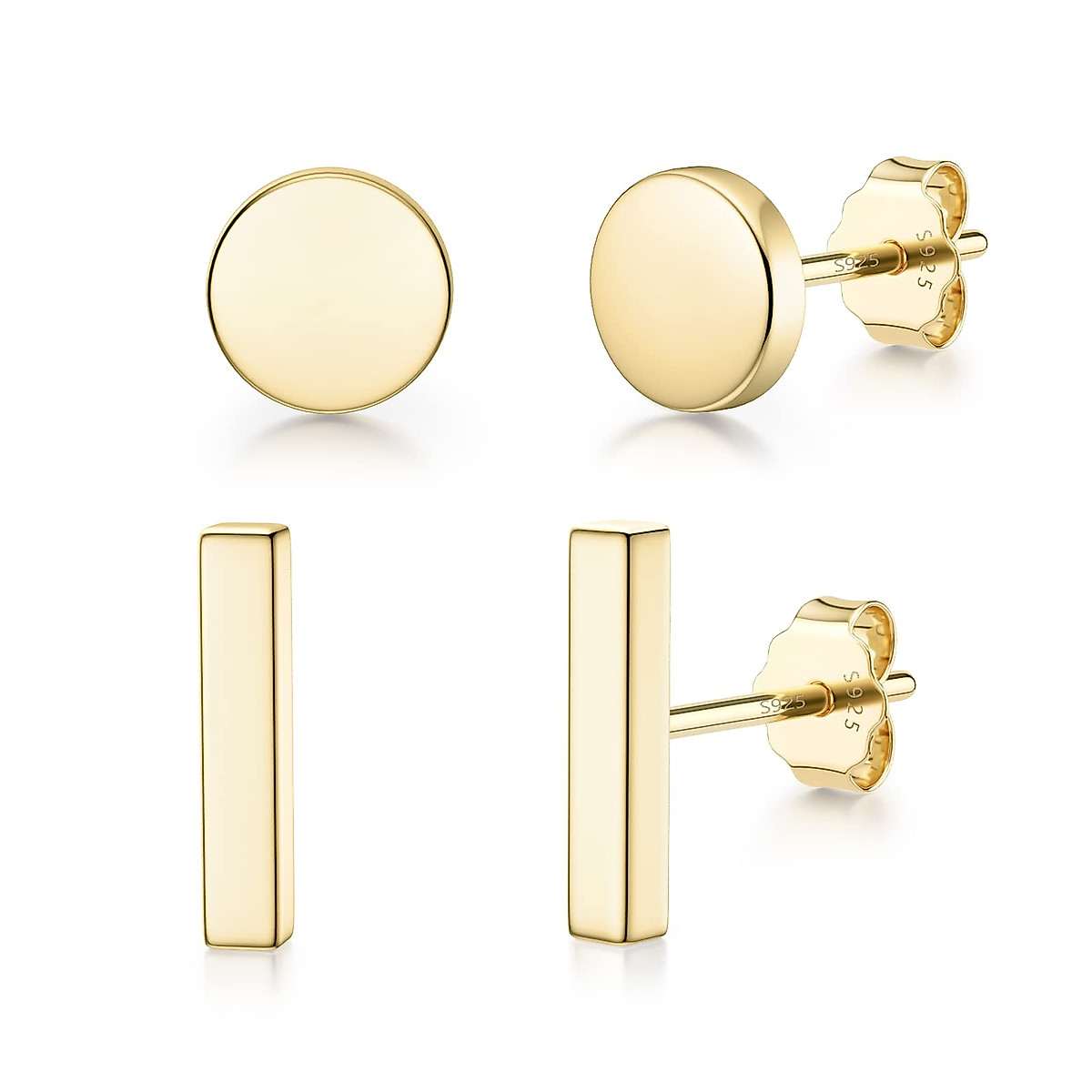 JIAYIQI 2 Pairs 14K Gold Plated Stud Earrings for Women Hypoallergenic 925 Sterling Silver Bar Dot Stud Earrings Small Gold Stud Earring Set Cartilage Earrings