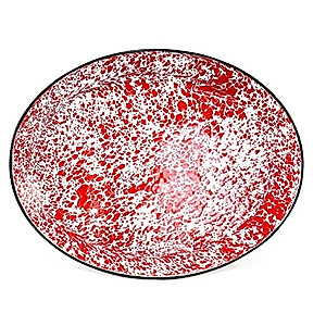 Red Co. Oven Safe Enamelware Metal Classic 16.5” Serving Oval Tray Platter, Red Marble/Black Rim – Splatter Design