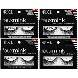 Ardell Faux Mink 811 Black False Lashes, Lightweight with Invisiband, 4 pairs