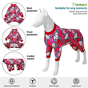 LovinPet Clothes for Big Dogs - Anxiety Relief Shirt, Dog Sun Protection, Post Surgery Recovery Pajamas for Dogs, Comfy Stretchy Fabric, Polar Fleece Polka Dot Bear Pink Print, Large Dog Pjs,Red M