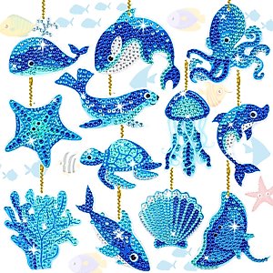 Whaline 12Pcs Summer Diamond Drawing Keychain Kit Ocean Fish Theme DIY Diamond Drawing Pendant Under The Sea Rhinestone Mosaic Making Full Drill Diamond Keychain for Crafts Gift
