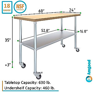 AmGood 24" x 60" Maple Wood Top Work Table with Adjustable Undershelf with Wheels