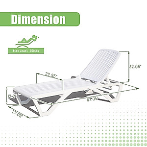Domi Pool Lounge Chair, Patio Chaise Lounge with 5 Position Adjustable Backrest and Wheels, All Weather Plastic Outdoor Lounge Chairs for Deck Lawn Backyard, White