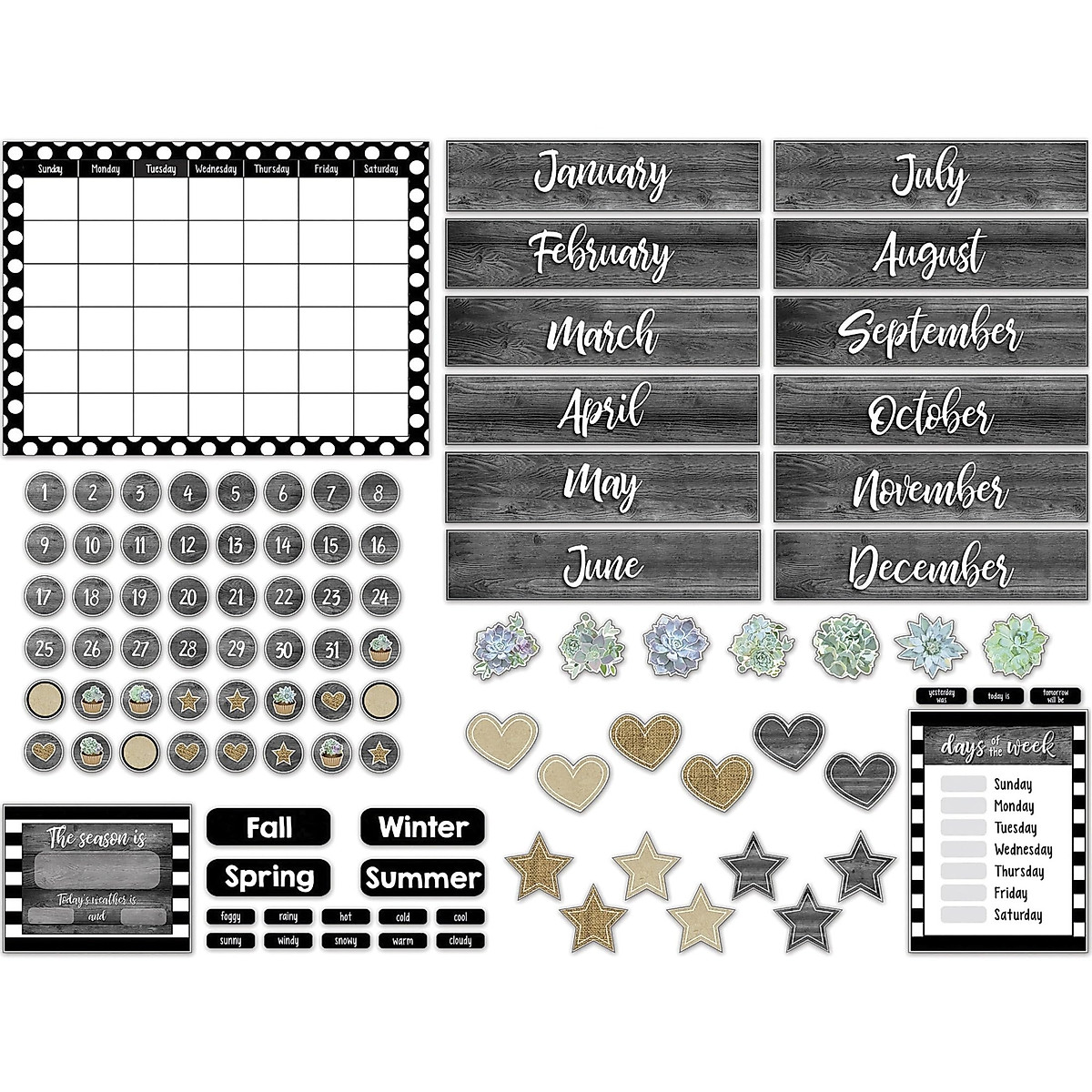 Schoolgirl Style Simply Stylish Bulletin Board Set―Calendar, Monthly Headers, Days of the Week, Seasons, Weather, Special Occasions, Birthdays (100 pc)