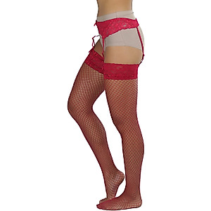 ToBeInStyle Women's Two Piece Fishnet Lacetop Stocking with Lace Garter Belt - Red