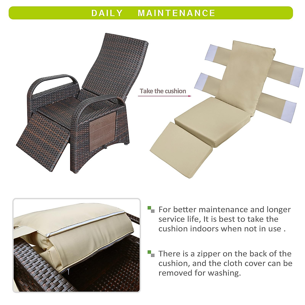 Skypatio Indoor/Outdoor Wicker Recliner Chair, Adjustable Backrest Patio Recliner Lounge Chair with Flip Side Table, Footrest and Soft Cushion(Khaki)