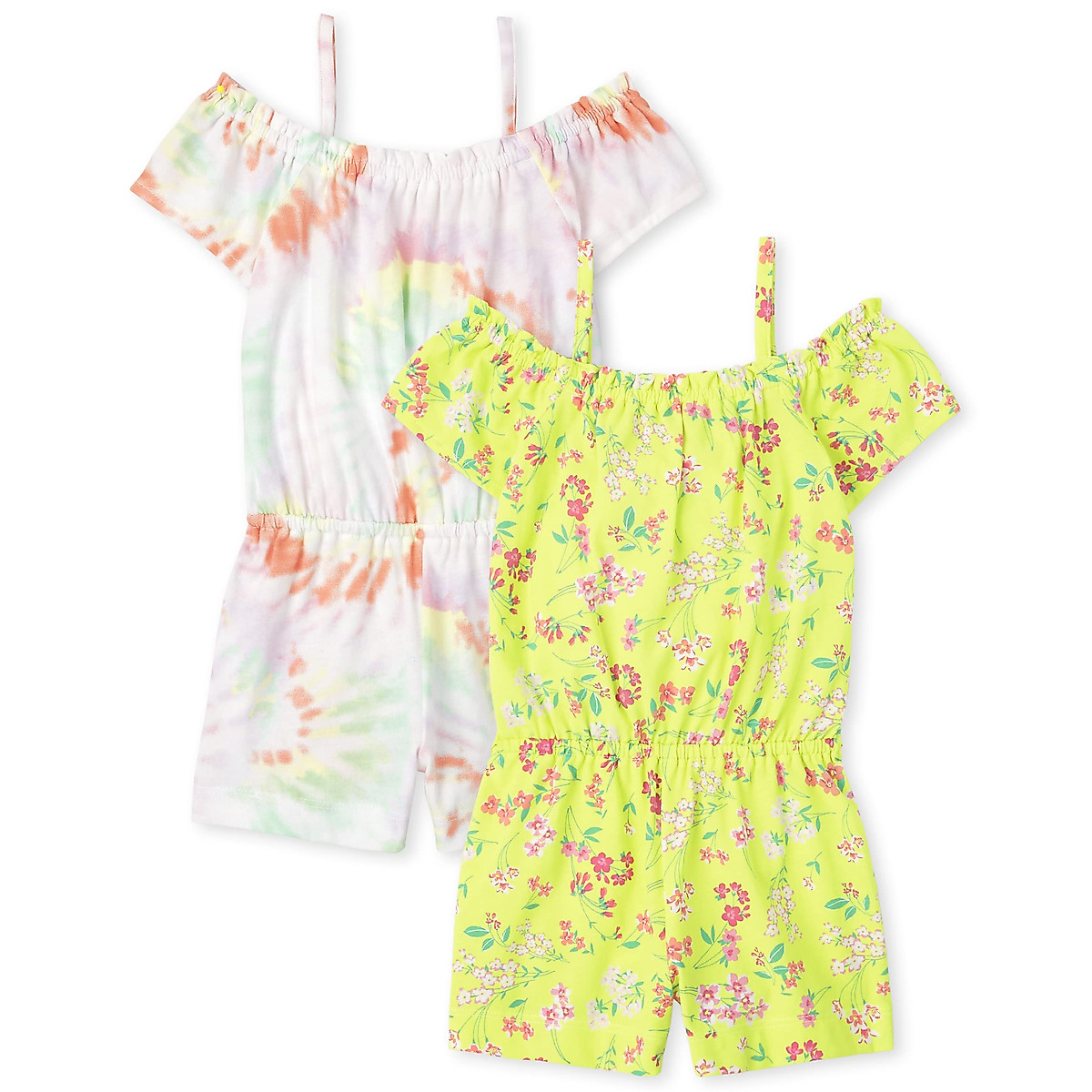 The Children's Place Baby Toddler Girls Short Sleeve Cold Shoulder Romper, Candy Swirl/Desert Flower 2-Pack, 3T