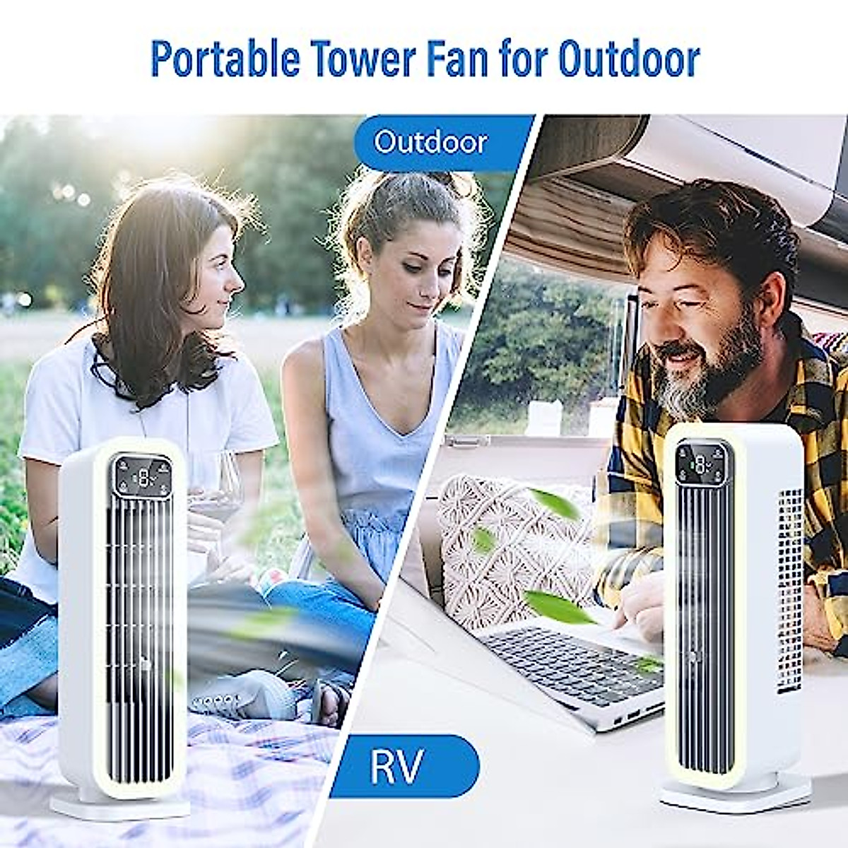 Oscillating Tower Fan, Bladeless Desk Fan 15 inch 12000mAh Battery Operated Portable Table Fan for Bedroom Office Home, Small Standing Fan for Rooms Desktop with Touch Control, Timer, Dimmable Light