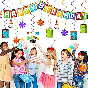 Shappy 25 Pieces Art Painting Party Decorations Includes 1 Happy Birthday Art Banner 12 Painting Birthday Card and 12 Art Hanging Swirl for Art Painting Theme Birthday Party Supplies Baby Shower