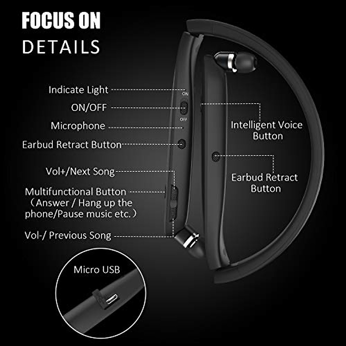 RoomyRoc Bluetooth Headphones, Wireless Neckband Headset Evoking Siri & Bixby with Retractable Earbuds, Sports Sweat-Proof Noise Cancelling Foldable Stereo Earphones with Mic (Black)