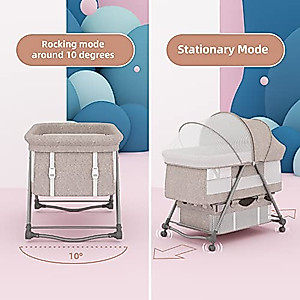 67i Baby Bassinet Portable Folding Rocking Bassinet for Baby 2-in-1 Rocking Cradle Quick-Fold Bassinet for Newborn Infant Crib Toddler Bassinet with Storage Basket and Travel Bag (Deep Khaki)