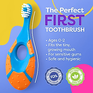 Trueocity Baby Toddler Toothbrush 4 Pack, Soft Bristles, Teething Finger Handle Toothbrushes for 0-2 Years - Training First Set (Blue, Green, Orange) - BPA Free