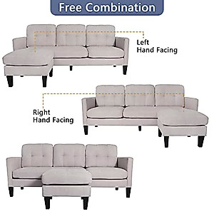 Grepatio Convertible Sectional Sofa Couch, L-Shaped Couch with Modern Linen Fabric for Small Living Room, Apartment and Small Space(Light Grey)