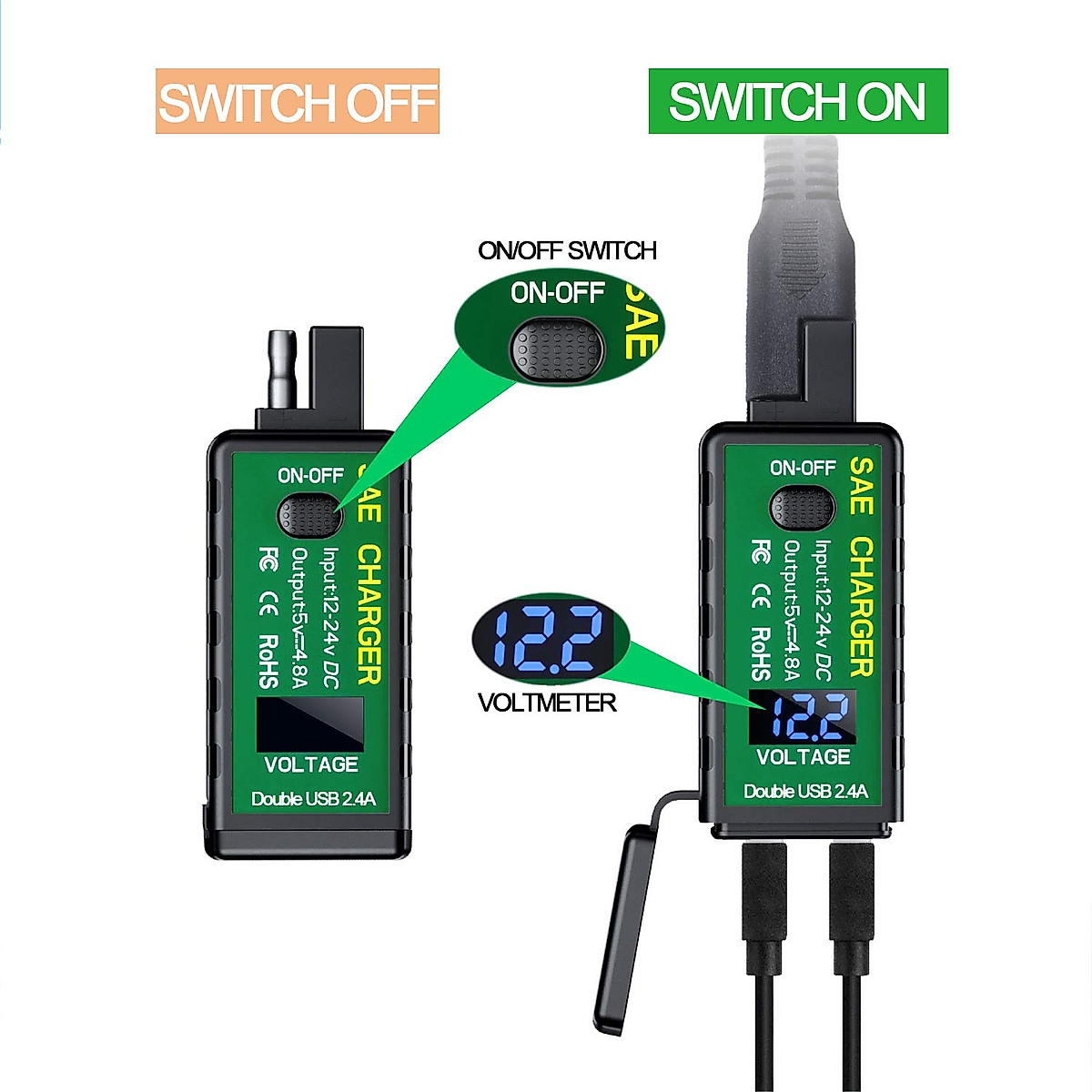 YONHAN Motorcycle Phone Charger 4.8A, SAE to USB Adapter with Voltmeter & ON/Off Switch, Dual USB Quick Charge 3.0 USB Charger Waterproof Motorcycle Accessories for Phone, Tablet, GPS, etc