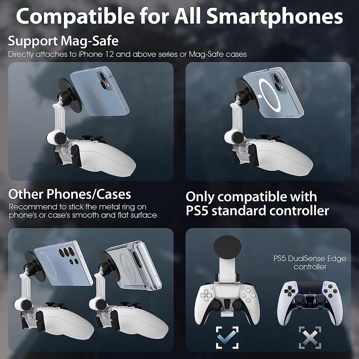 Orzero Magnetic Controller Phone Mount Clip compatible for PS5 Dualsense Controller, Adjustable Mag-Safe holder Accessories for iPhone and Android Phones Remote Stream Gaming - Black