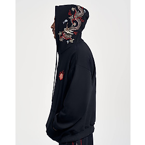 Niepce Inc Streetwear Men's Dragon Embroidered Heavyweight Graphic Hoodies (black-dragon, Large)