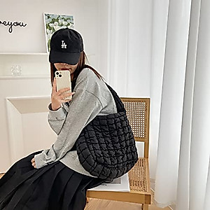 Rejolly Puffer Shoulder Bag for Women Quilted Puffy Lightweight Nylon Handbag Large Padded Soft Purse Black