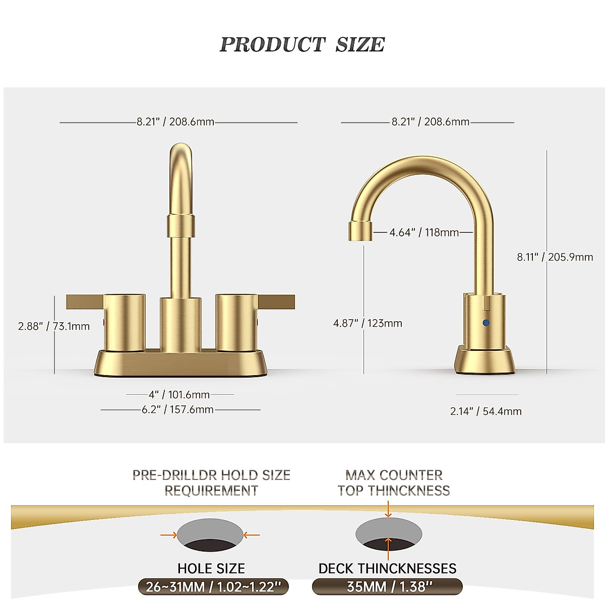 Brushed Gold 4 Inch 2 Handle Centerset Lead-Free Bathroom Faucet, Swivel Spout with Copper Pop Up Drain and 2 Water Supply Lines, BF015-1-BG