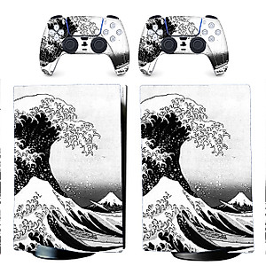 BelugaDesign PS5 Wave Japanese Skin | Painting Great Kanagawa Vinyl Cover Wrap Sticker Full Set Console Controller | Compatible with Sony Playstation 5 (PS5 Digital Edition, Black White)