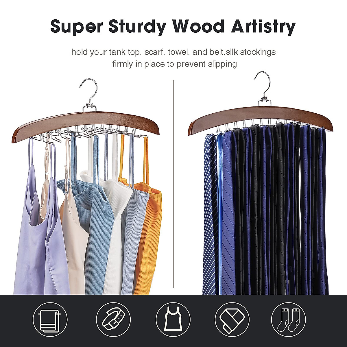 Ulimart Tie Rack 2Pcs Tie Racks for Men Closet 24 Hooks, Wooden Tie Organizer with Upgraded 360°Rotating, Scarves Accessories Closet Organizer for Bras,Tank Tops,Camisoles etc.Walnut…