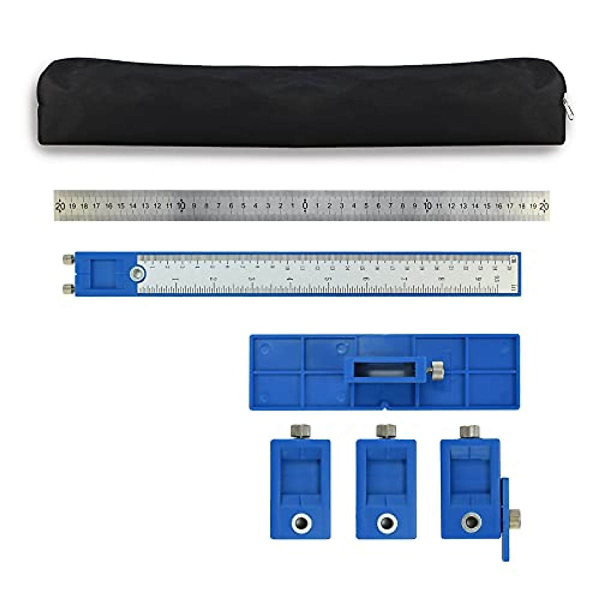 BAYTORY Upgrade Cabinet Hardware Jig Punch Drill Guide Locator for Installation of Drawer Pull Handle Knob, Wood Door Adjustable Drilling Doweling Template Tool with Storage Bag (Plastic Blue)