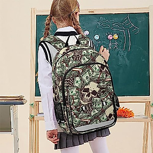 senya Backpack for Boys Girls, Vintage Money Skull Skeleton Backpack Students Bookbag Daypack for School Primary Teens