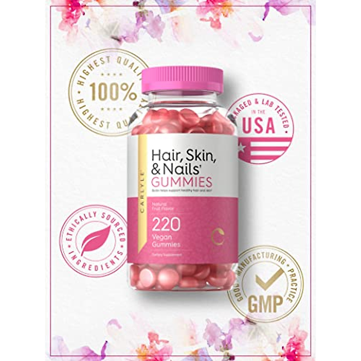 Carlyle Hair, Skin and Nails Gummies | 220 Count | Fruit Flavor Gummy Vitamins | with Biotin | Non-GMO, Gluten Free