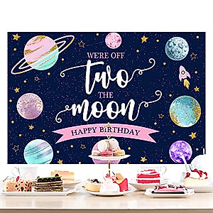 9x6ft Two The Moon 2nd Birthday Backdrop for Boy or Girl Outer Space Rocket Astronaut Theme Background Night Sky Gold Hanging Stars Planet Galaxy Photo Photography Party Decoration Supplies