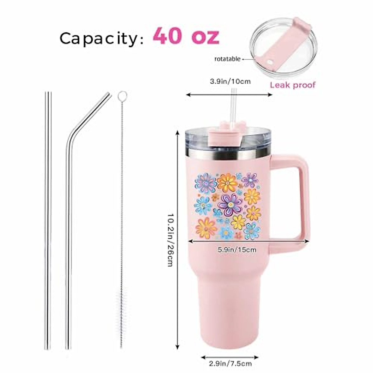 40 Oz Insulated Tumbler with Handle and Straw,Watercolor Blossom Flower Stainless Steel Vacuum Insulated Travel Mug,Leak-proof Water Bottle Iced Coffee Cup,Colorful Floral