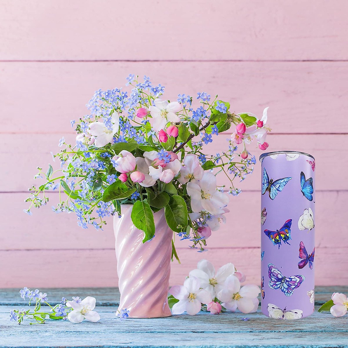 IchDich Butterfly Tumbler With Lid and Straw - 20 oz Insulated Purple Stainless Steel Skinny Tumbler Water Bottle Travel Mug Wine Cups Gifts for Women