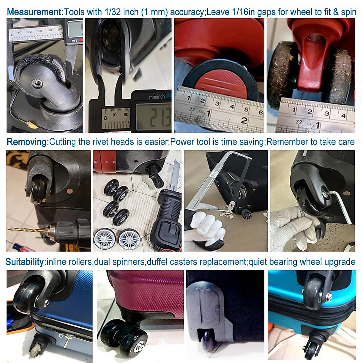 FSATNDE Luggage Suitcase Replacement Wheels Set of 4 PU Bearing Wheels-Install Width 0.8in/21mm with 3 Size Axles and Hacksaw for Trolley Bag Drawbar Box Smooth Rolling Repair(40mm x 18mm)